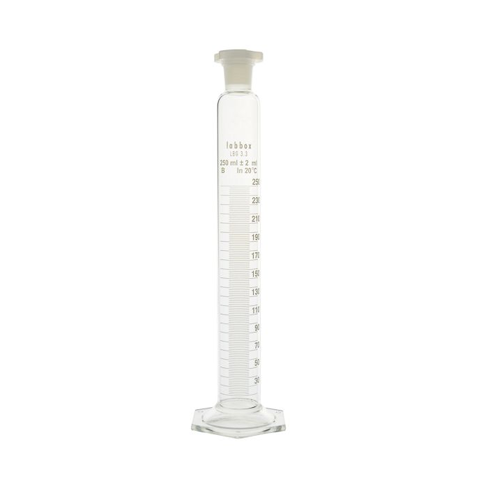 Probeta graduada base hexagonal clase B con tapón de plástico